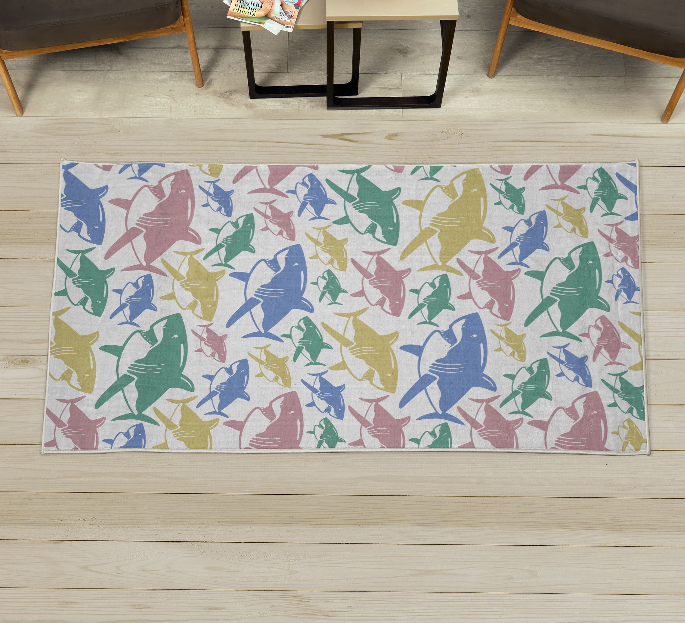Shark Decorative Rug, Colorful Underwater Fish Pattern Masters Survival ...
