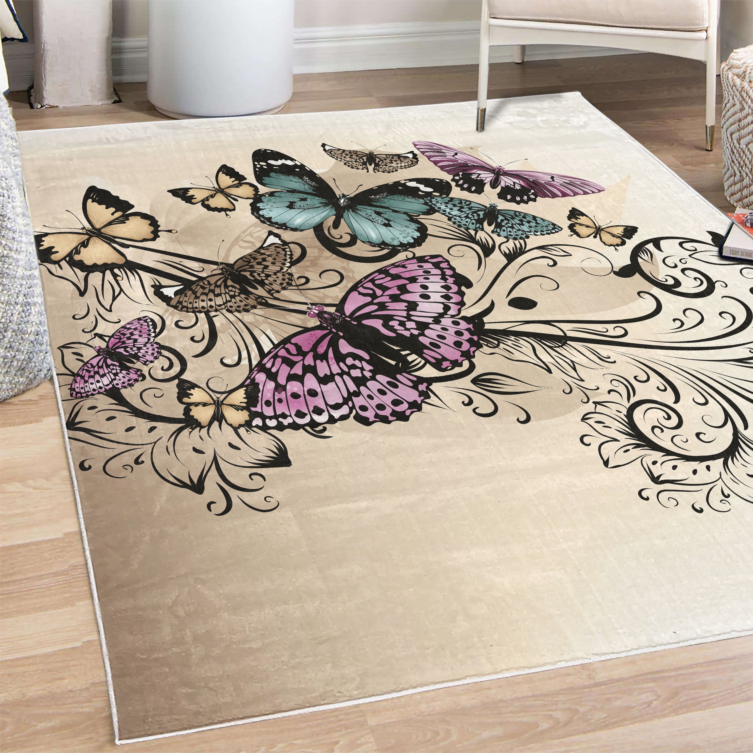 Butterfly Decorative Rug, Monarch Butterflies Vintage Damask Inspired ...