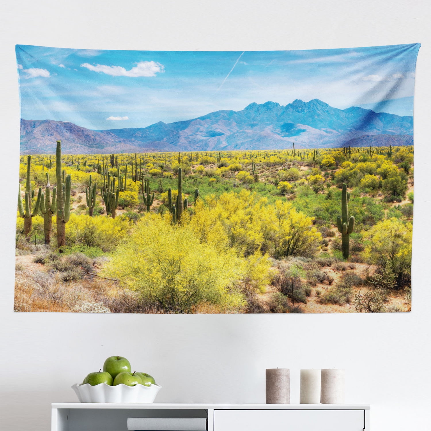 Cactus Tapestry, Cacti Spikes Flowers Birds Cartoon Style Vintage Like ...