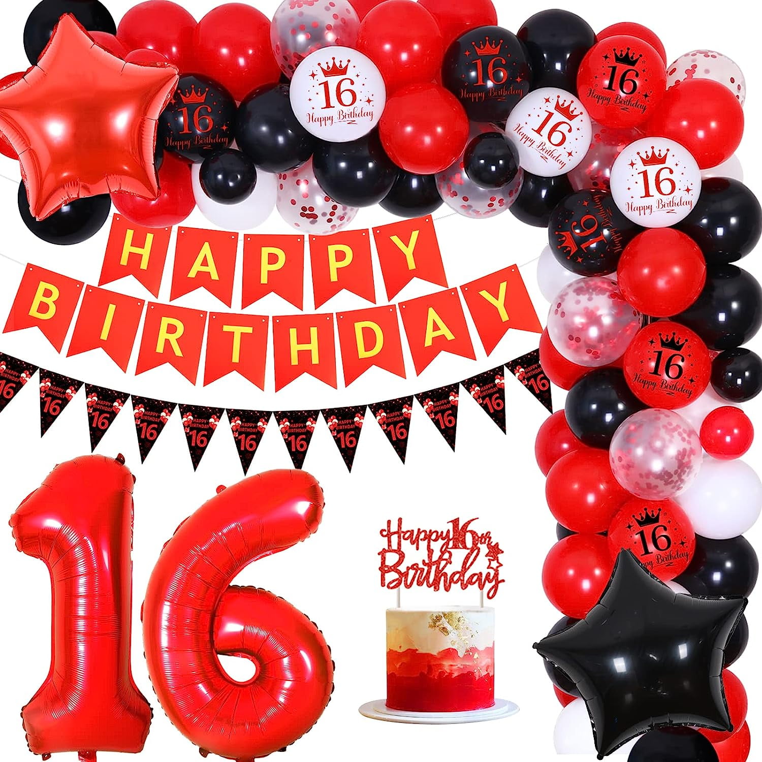 16th Birthday Decorations for Boys Girls Red and Black White Balloon ...