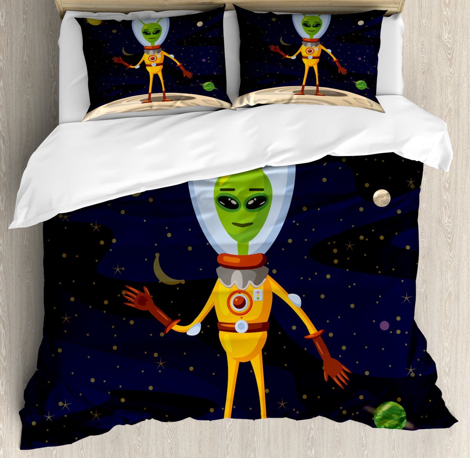 Alien Duvet Cover Set King Size, Ufo Cartoon of Funny Creature in ...