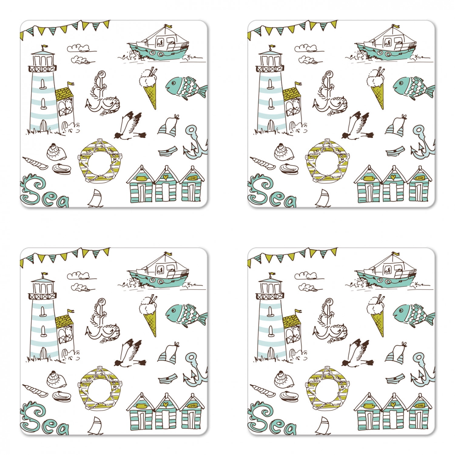 Nautical Coaster Set of 4, Marine Elements Fish Lighthouse Anchor ...