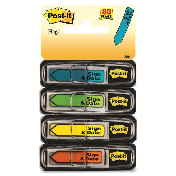Post-It Message Flags, "Sign and Date", Assorted Colors, .47 in. Wide ...