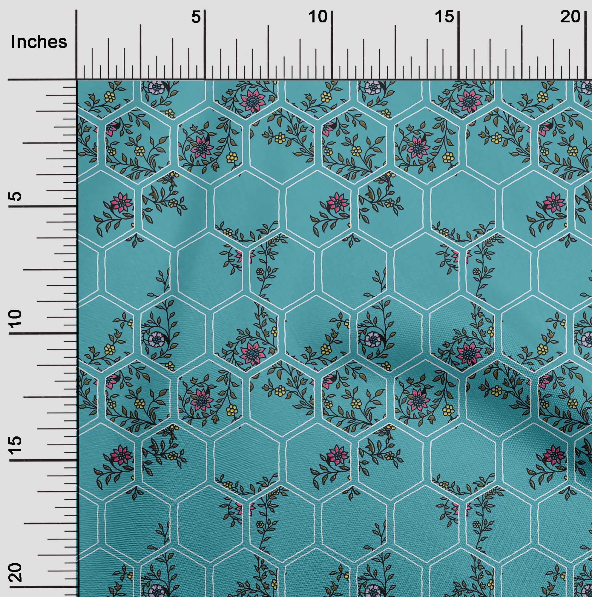 oneOone Silk Tabby Teal Blue Fabric Geometric|Leaves & Floral Block ...