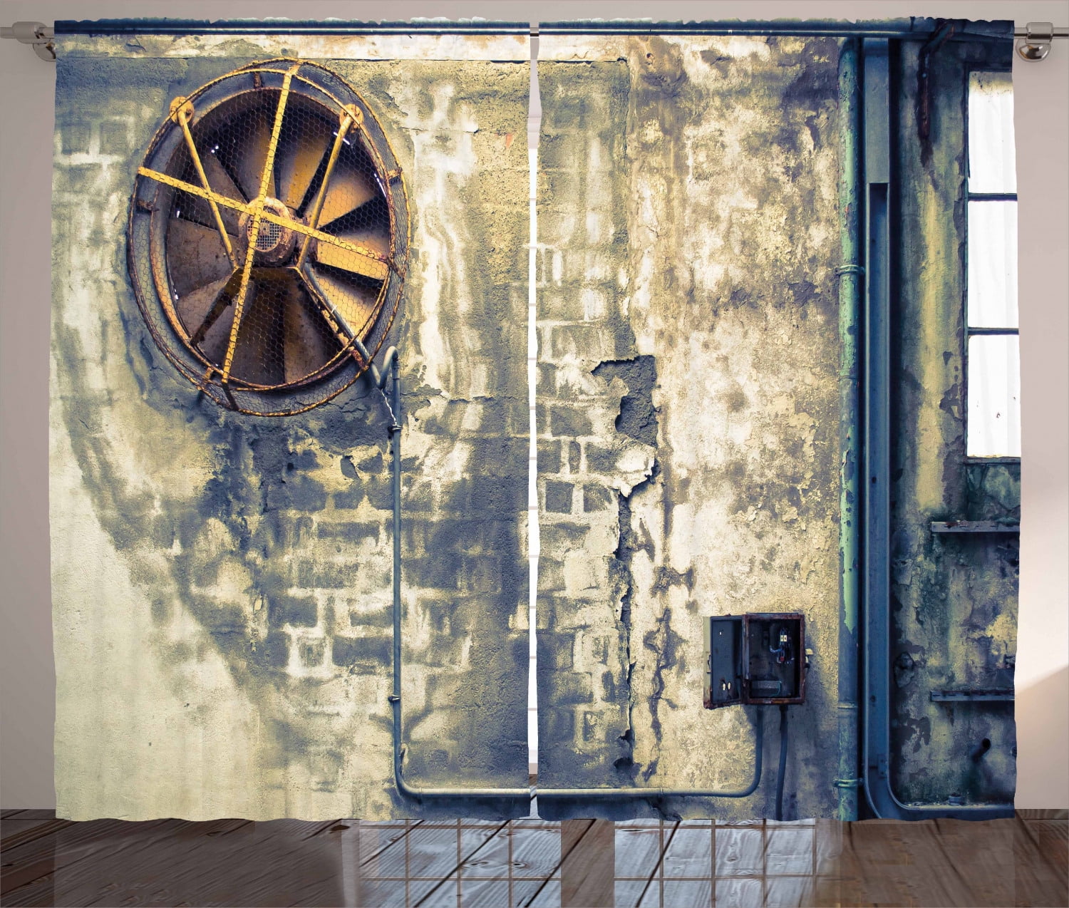 Industrial Curtains 2 Panels Set, Damaged Wrecked Wall Image ...