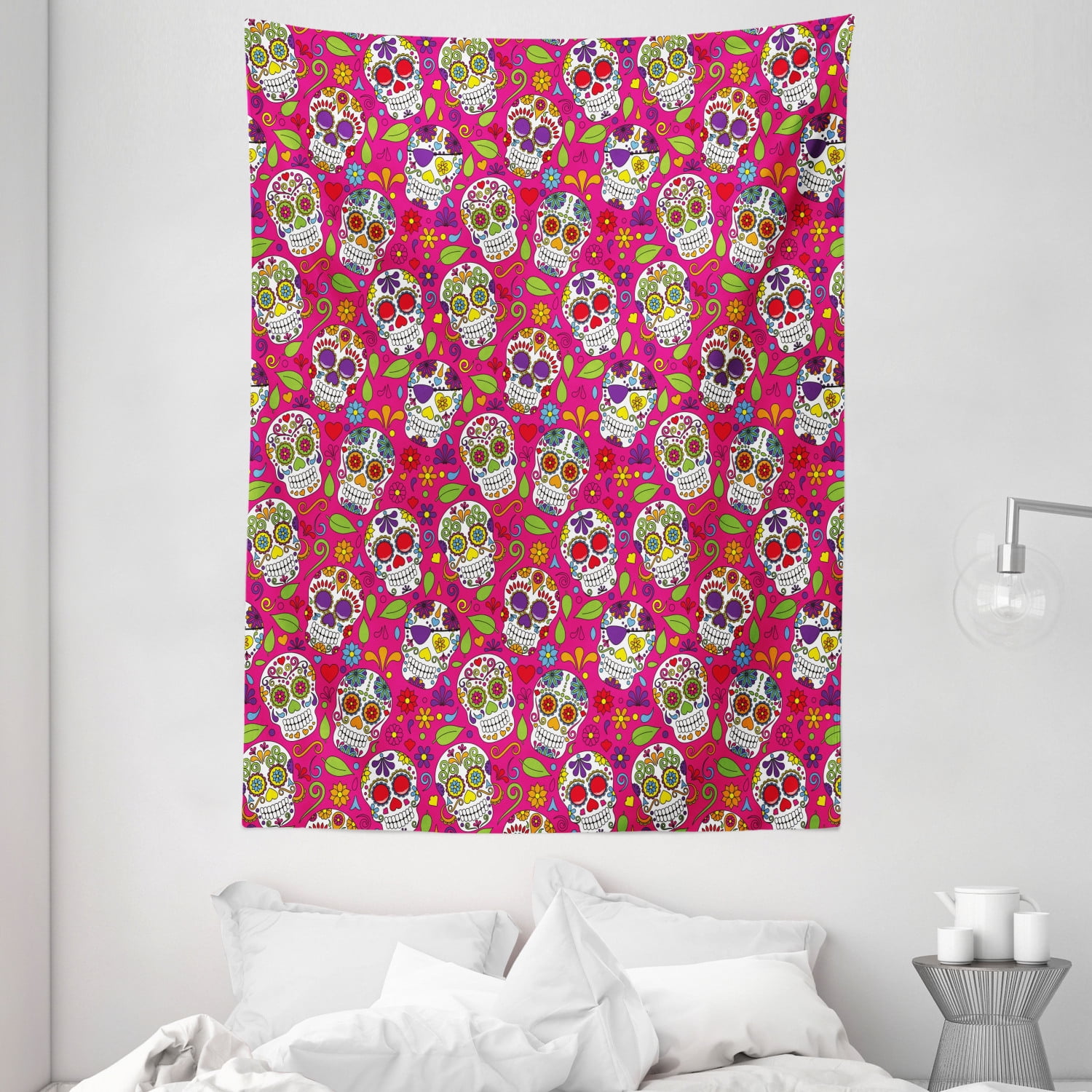 Sugar Skull Decor Tapestry, Colorful Festive Skulls Leaves Motifs ...