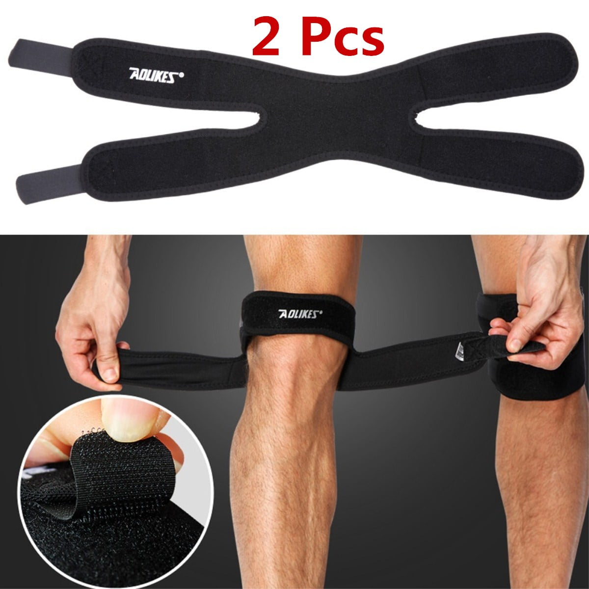2 Pcs Black Adjustable Knee Support Patella Belt Elastic Brace Strap ...