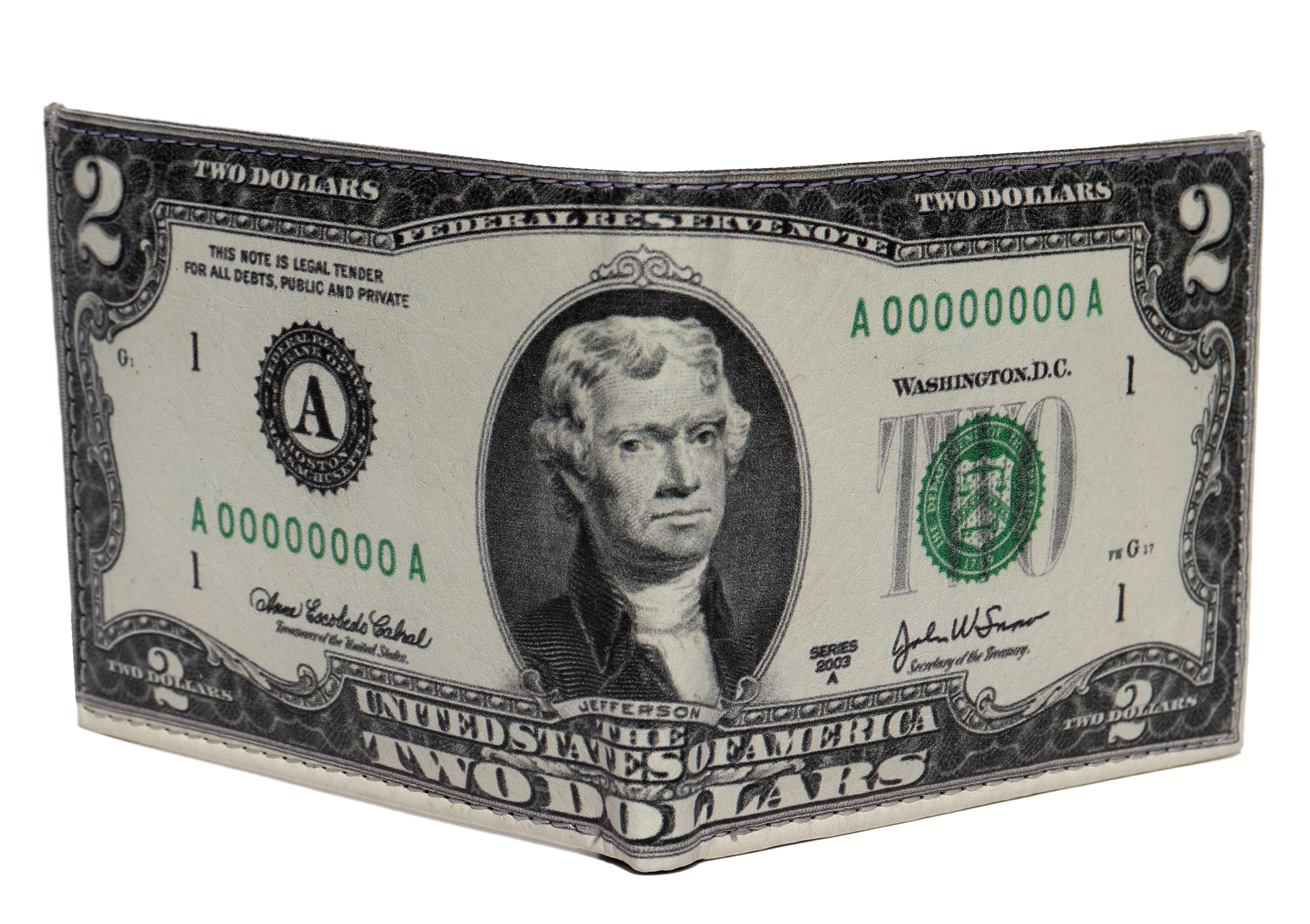 $2 Two Dollar Bill Jefferson Photorealistic Leather Bi-Fold Bifold ...
