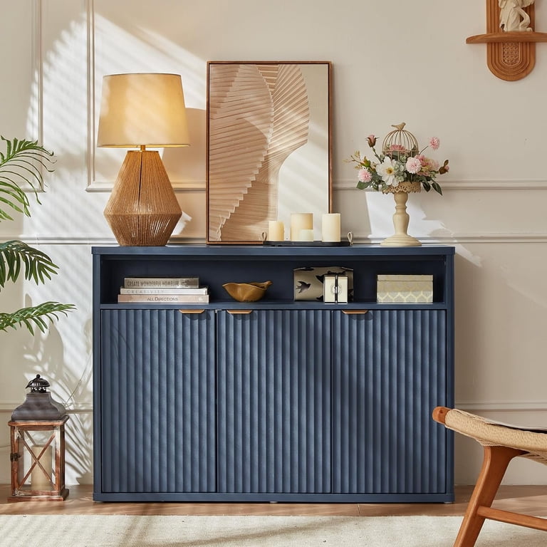 45-inch Wide Fluted Buffet Cabinet with 3 Doors and Open Shelf, Modern ...