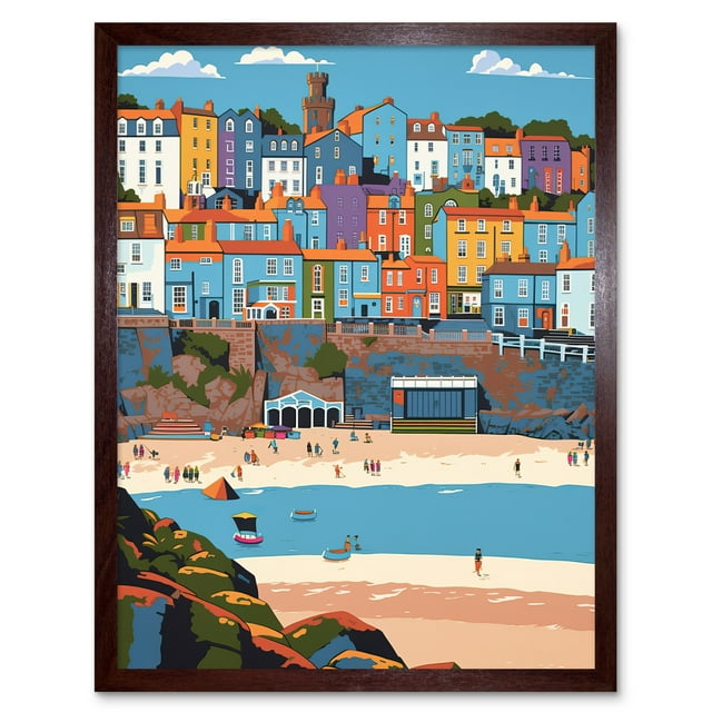 Tenby Castle Beach in Wales Colourful Townscape Art Print Framed Poster ...