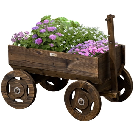 Outsunny Wood Flower Cart, Raised Garden Bed w/ Wheels, Planters for ...