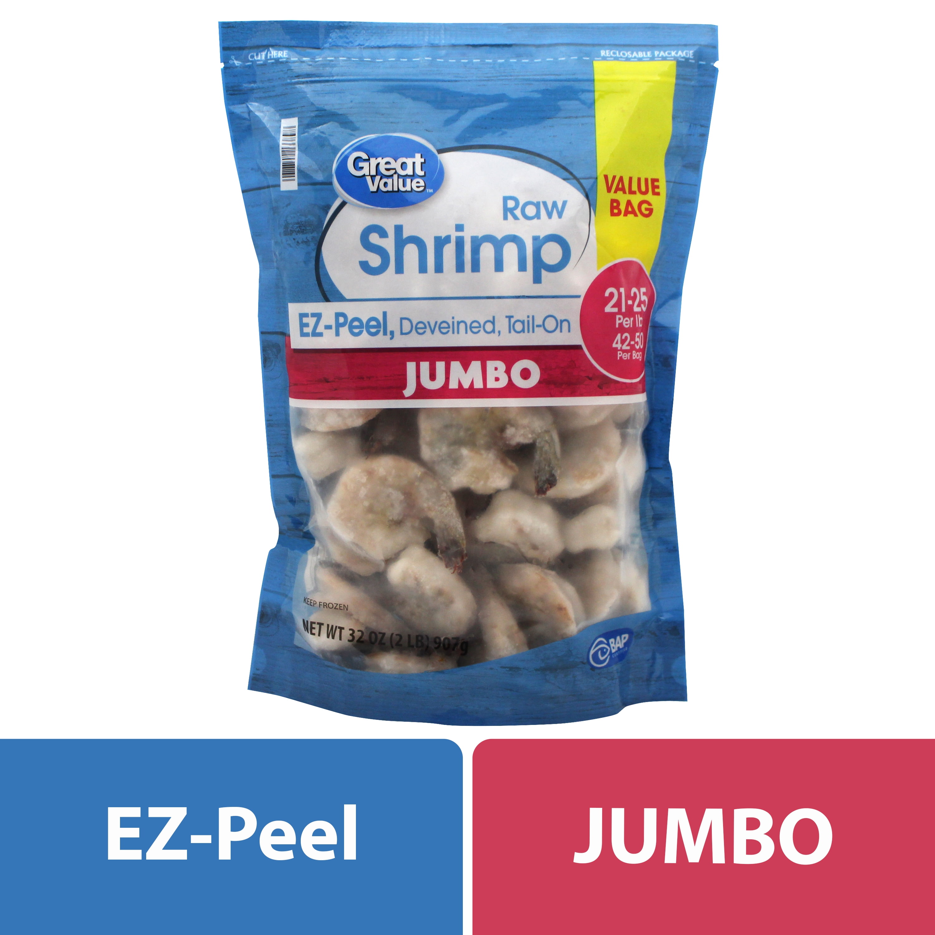 Great Value Frozen Raw Jumbo Shell-on, Tail-on, Easy Peel Shrimp, 32 oz ...