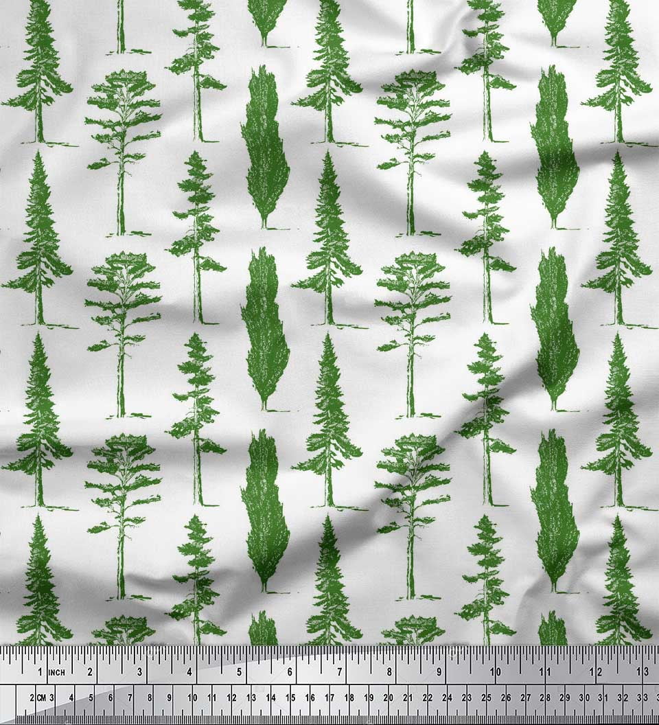 Soimoi Green Silk Fabric Sketch Cedar Tree Fabric Prints By Yard 42 ...