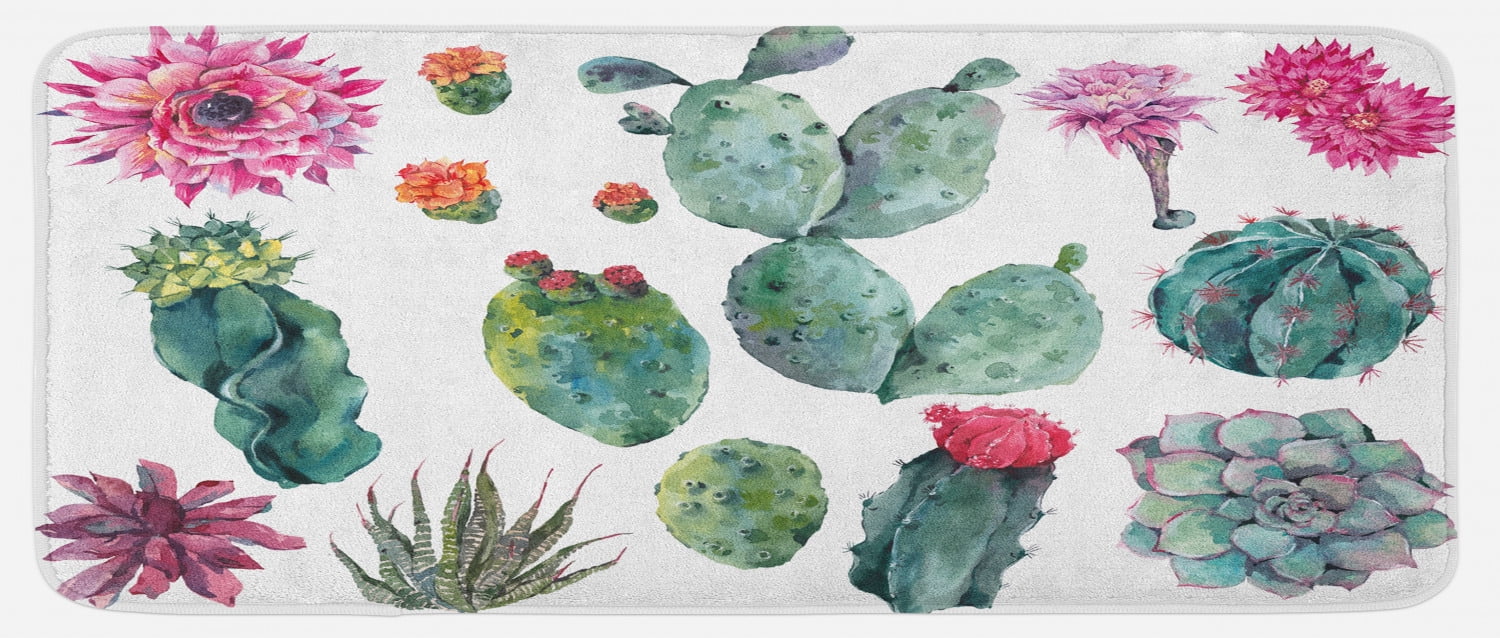 Nature Kitchen Mat, Desert Botanical Herbal Cartoon Style Cactus Plant ...