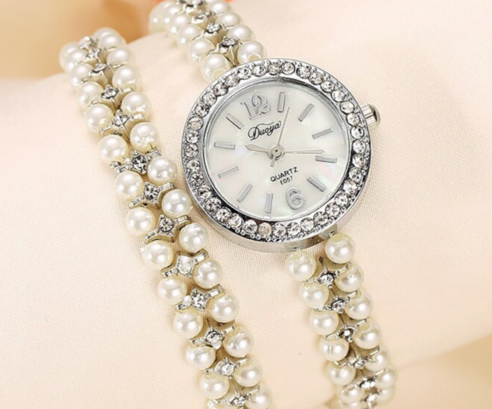 Wrap around Wrist Crystal Round Dial Silvertone Pearl Woman Watch-321-S ...