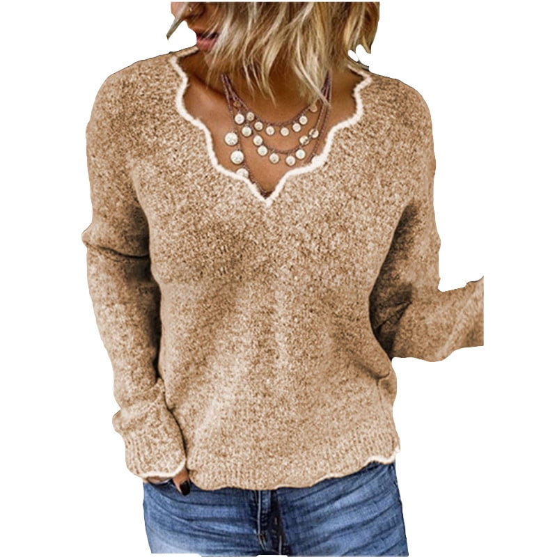 Women's Sexy Lace Flaky Clouds V-neck Knitted Sweater Tops Fleece Warm ...