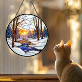 Stained Glass Winter Landscape Suncatcher – Round Snowy Forest Sunset ...