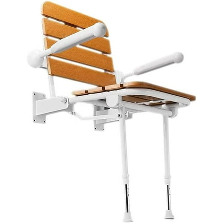 Folding Shower Seat, Wooden Wall Mounted Shower Bench w/Adjustable Legs ...
