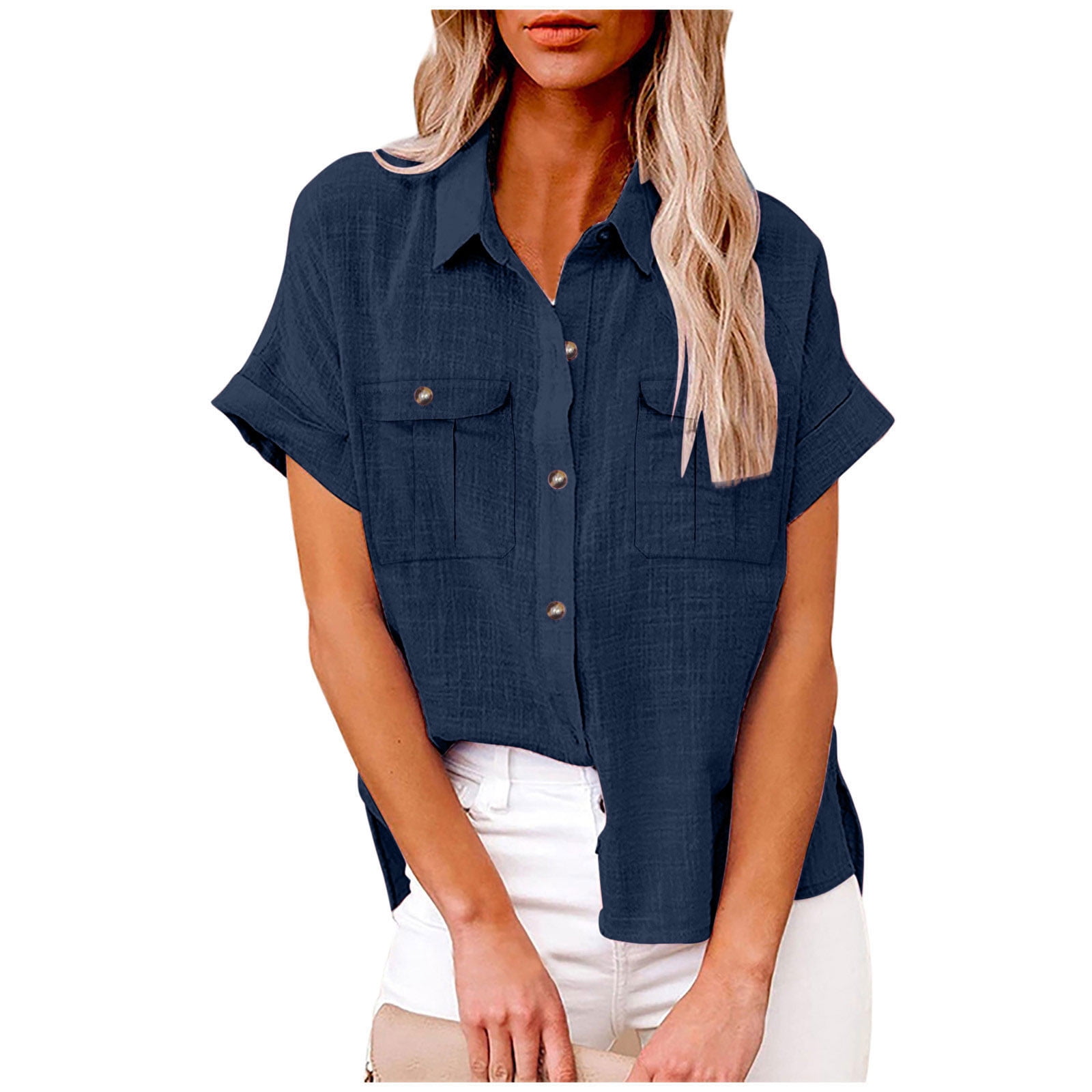 Fheaev Button Up Shirts For Women Roll Up Short Sleeve Button Down Cotton Linen T-Shirts With Pocket V-Neck Work Tunics Blouse Collared Tops