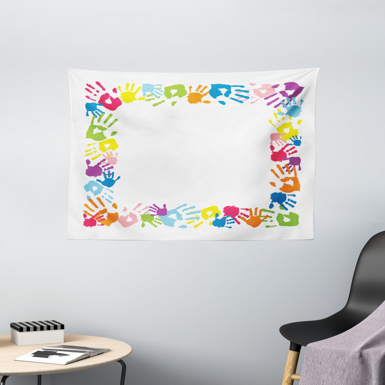 Kids Party Tapestry, Happy Childhood Themed Frame with Handprints in ...