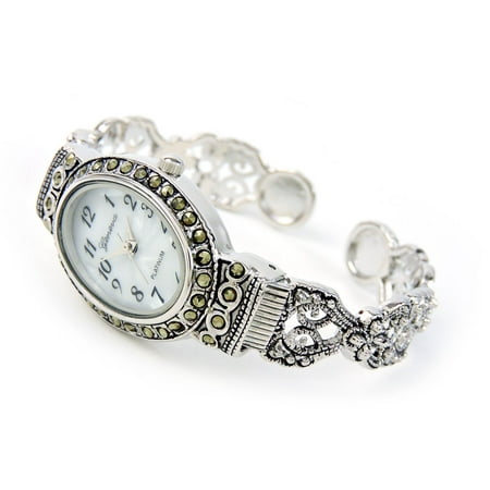 STC - Silver Black Vintage Style Marcasite Crystal Oval Face Women's ...