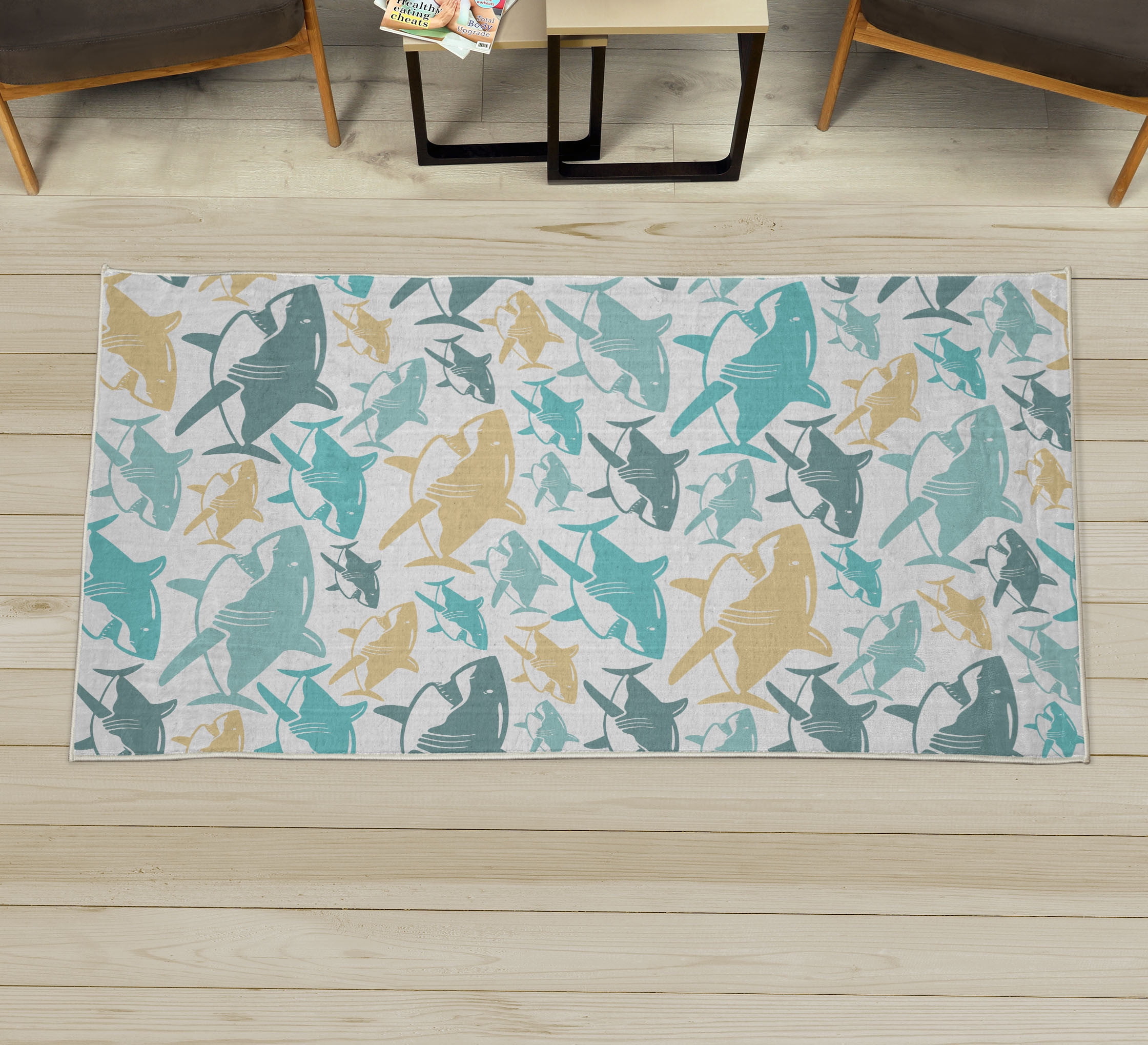Shark Decorative Rug, Colorful Underwater Fish Pattern Masters Survival ...