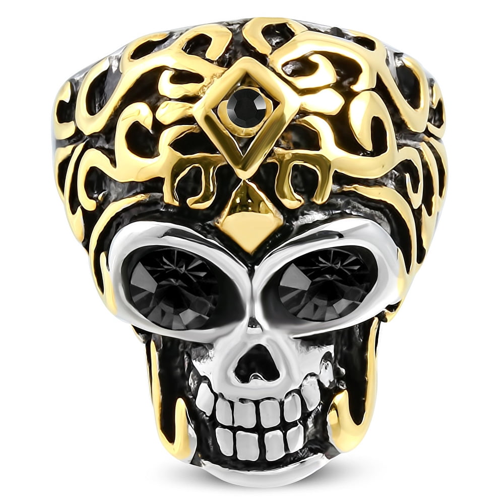 Stainless Steel Two-Tone Black CZ Large Statement Cocktail Mens Skull ...