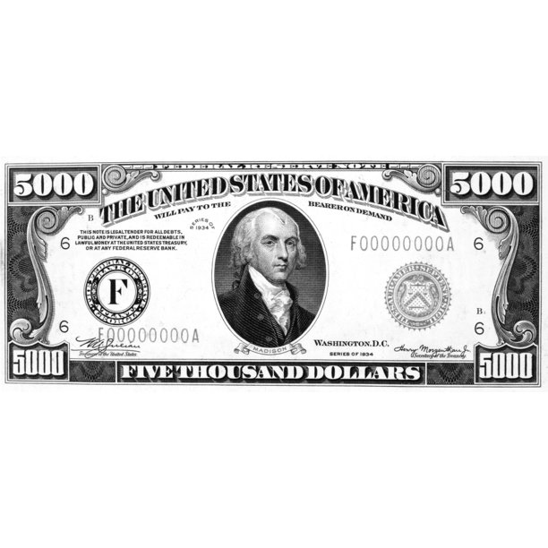 Currency 5 000 Dollar Bill. Npresident James Madison On The Front Of A ...