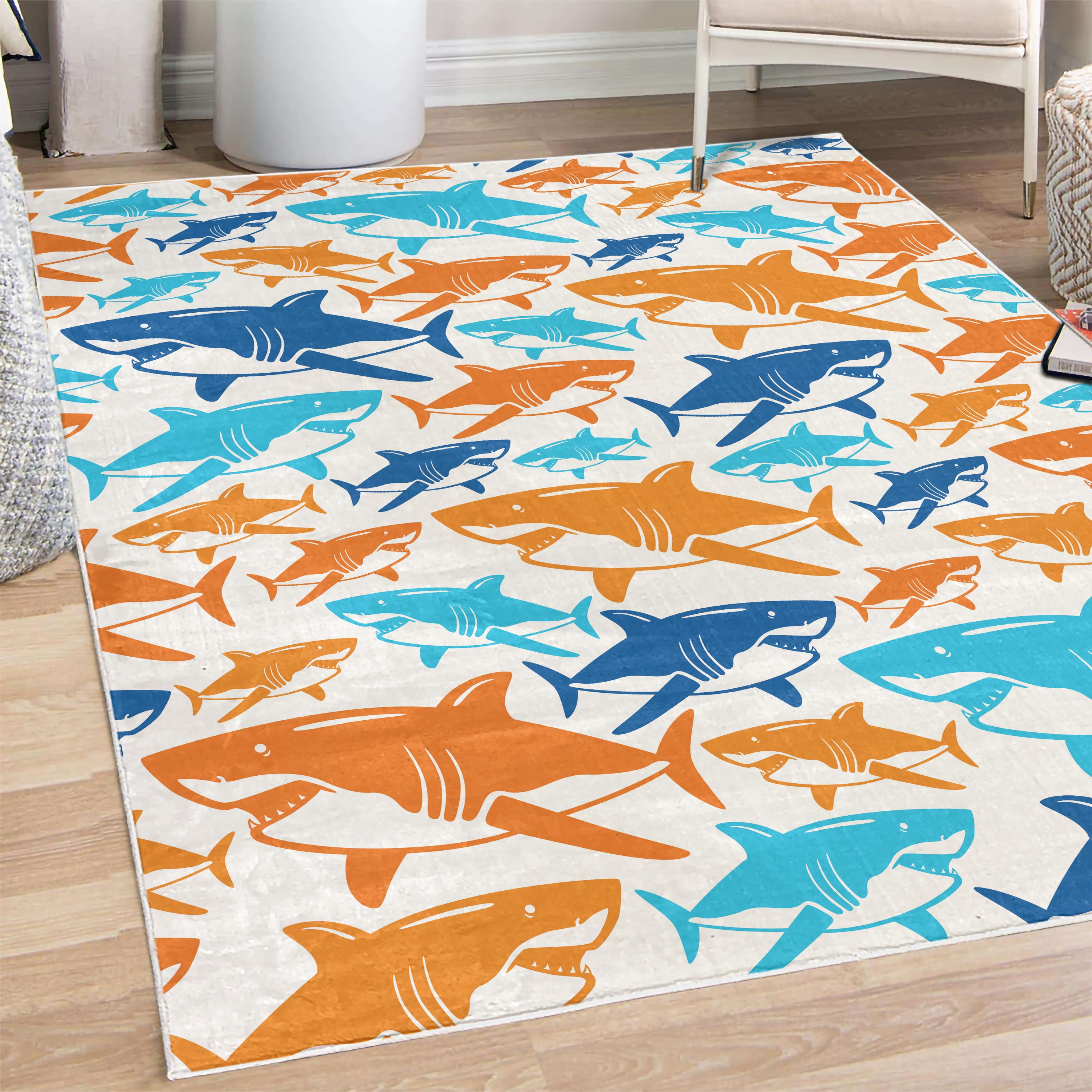 Shark Decorative Rug, Colorful Underwater Fish Pattern Masters Survival ...