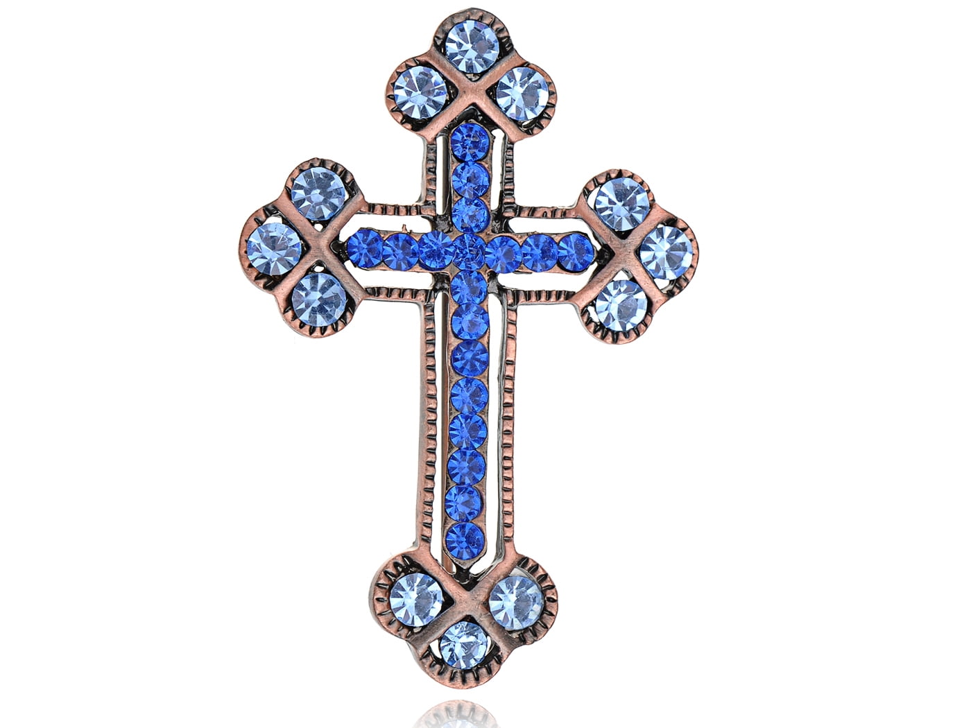 Copper Tone Sapphire Blue Colored Rhinestones Holy Cross Brooch Pin ...