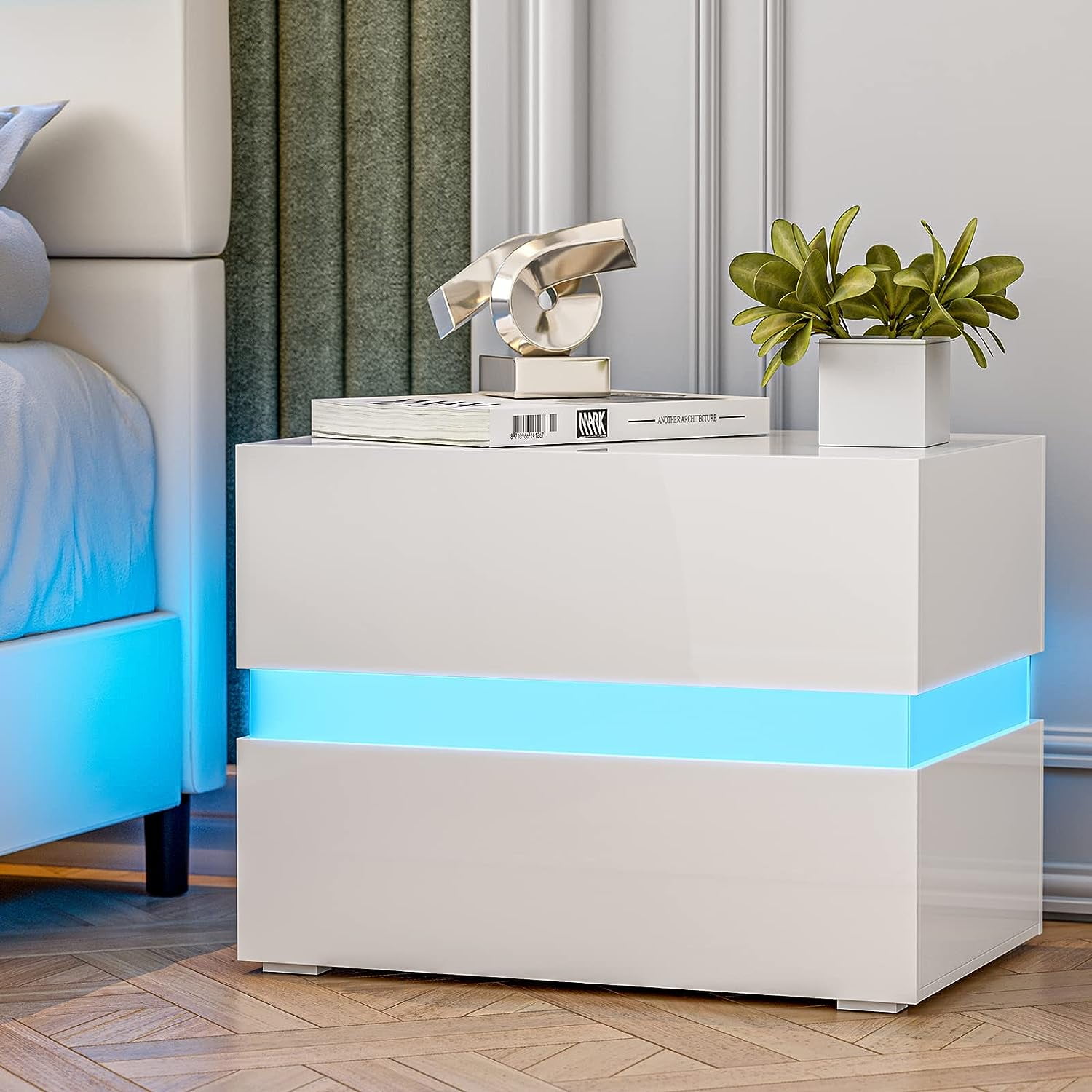 IKIFLY Modern LED Nightstand with 2 Drawers, High Glossy Bedside Table ...