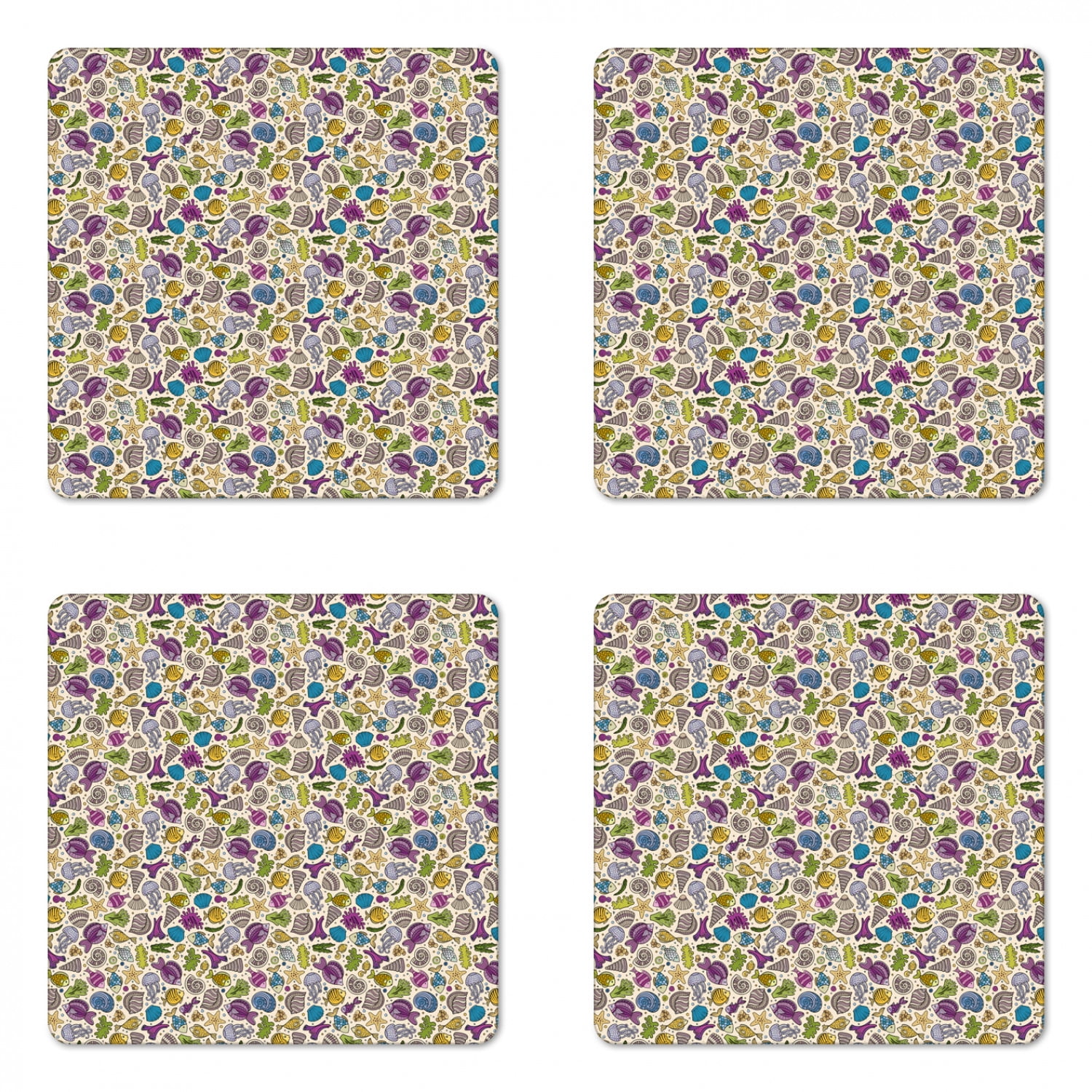 Cartoon Coaster Set of 4, Colorful Undersea Ocean Creatures Shells Fish ...
