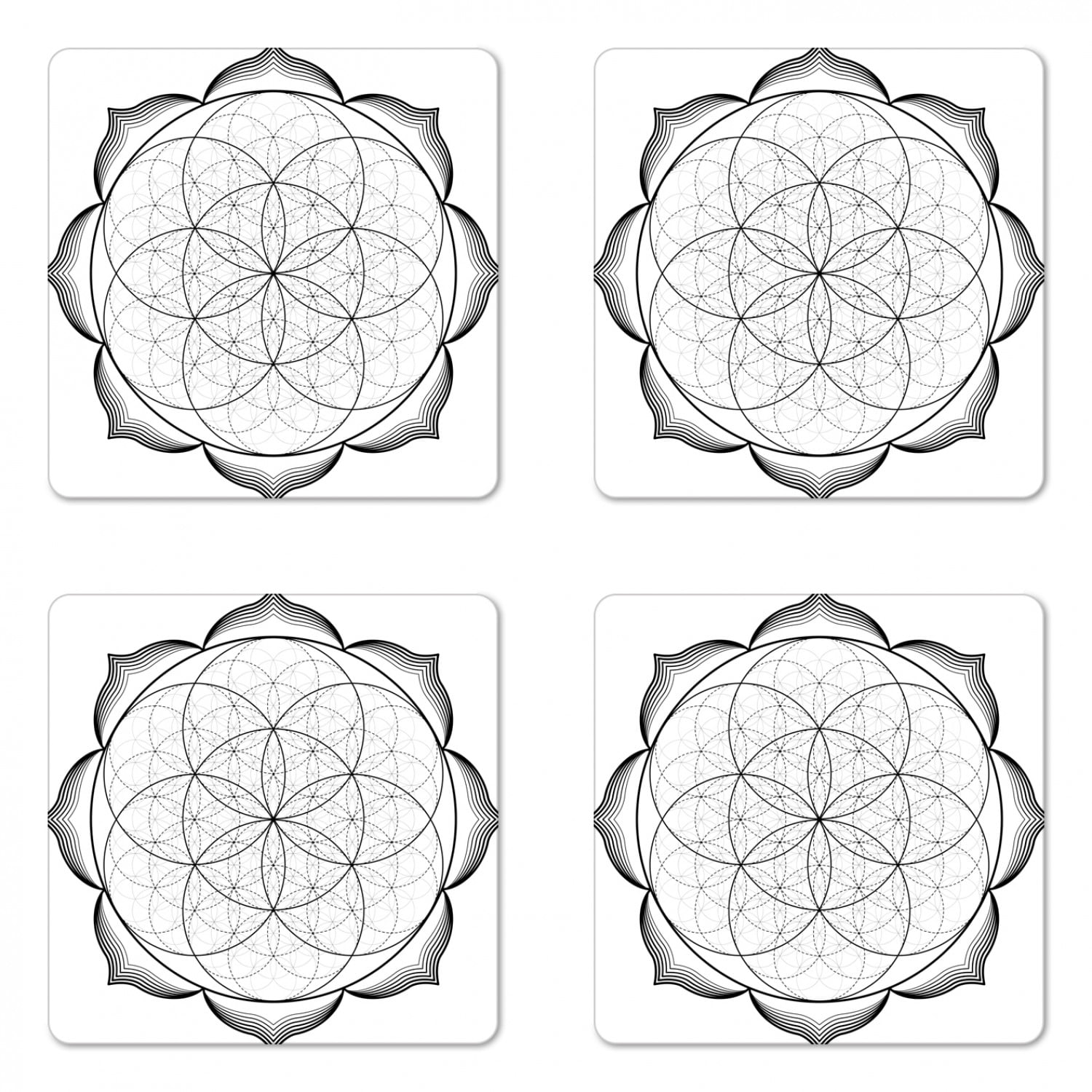 Mandala Coaster Set of 4, Monochrome Line Art Illustration Flower of ...