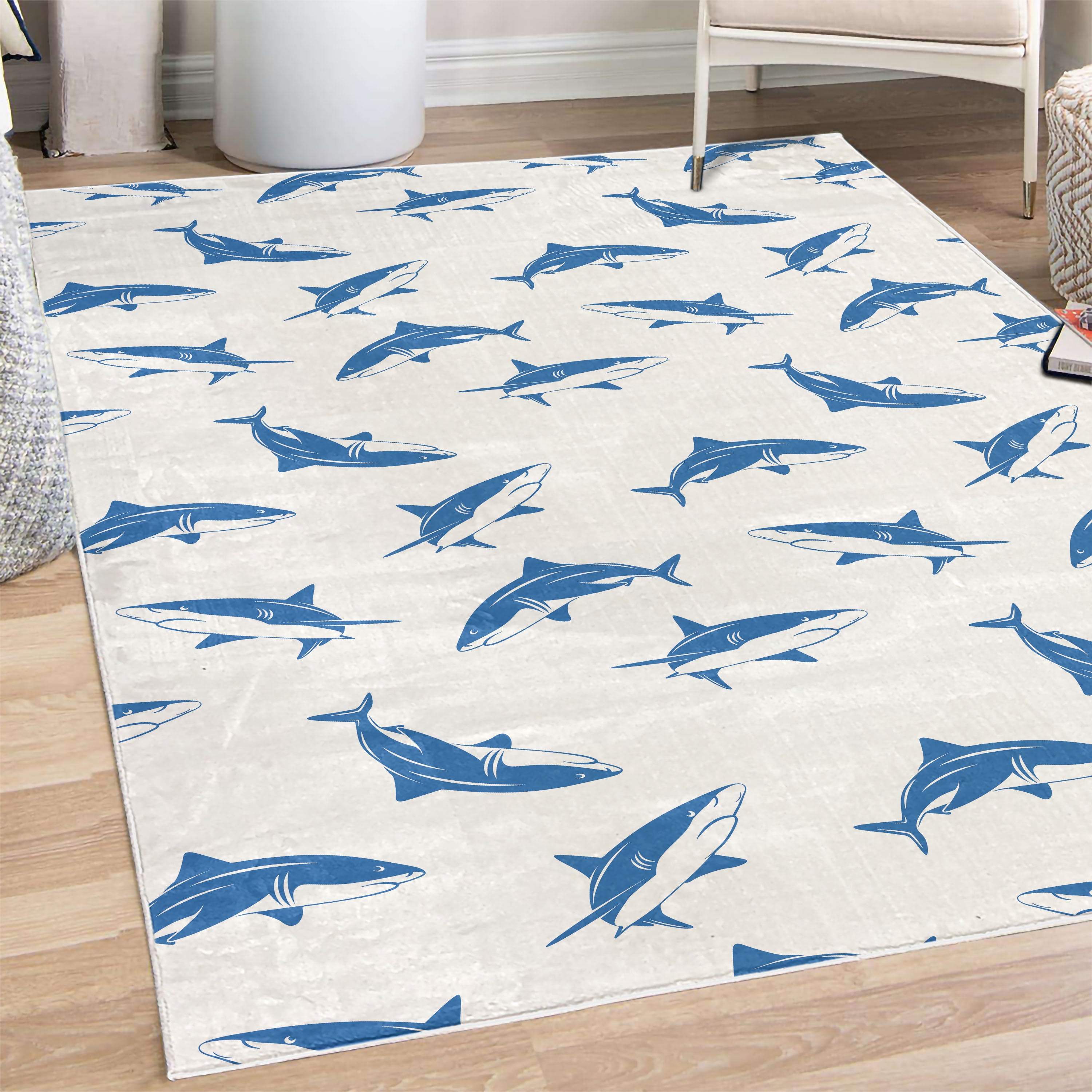 Sea Animals Decorative Rug, Repeated Cartoon Sharks Swimming to ...