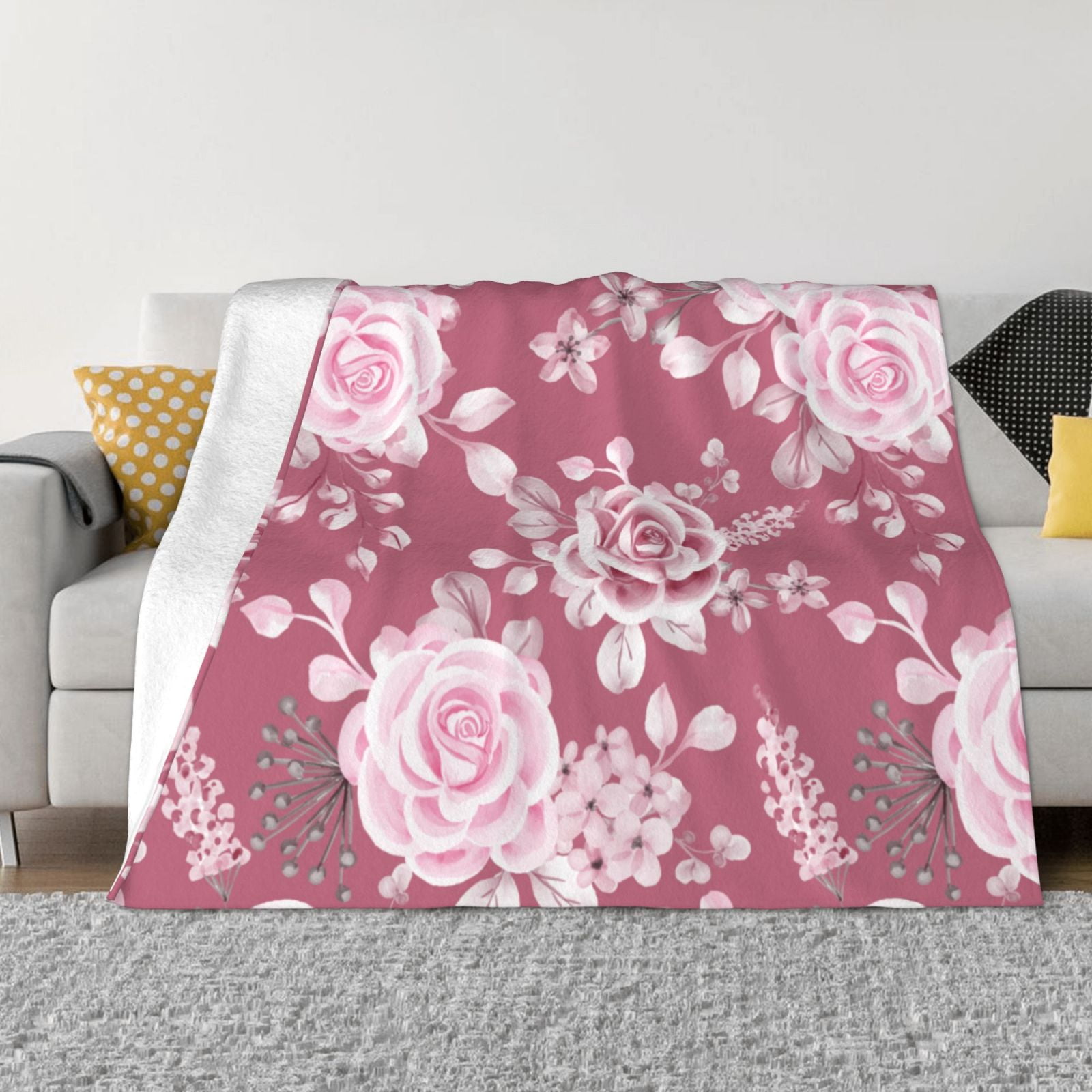 XMXT Throw Blanket, Hand Painted Pink Roses Machine Washable Blankets ...