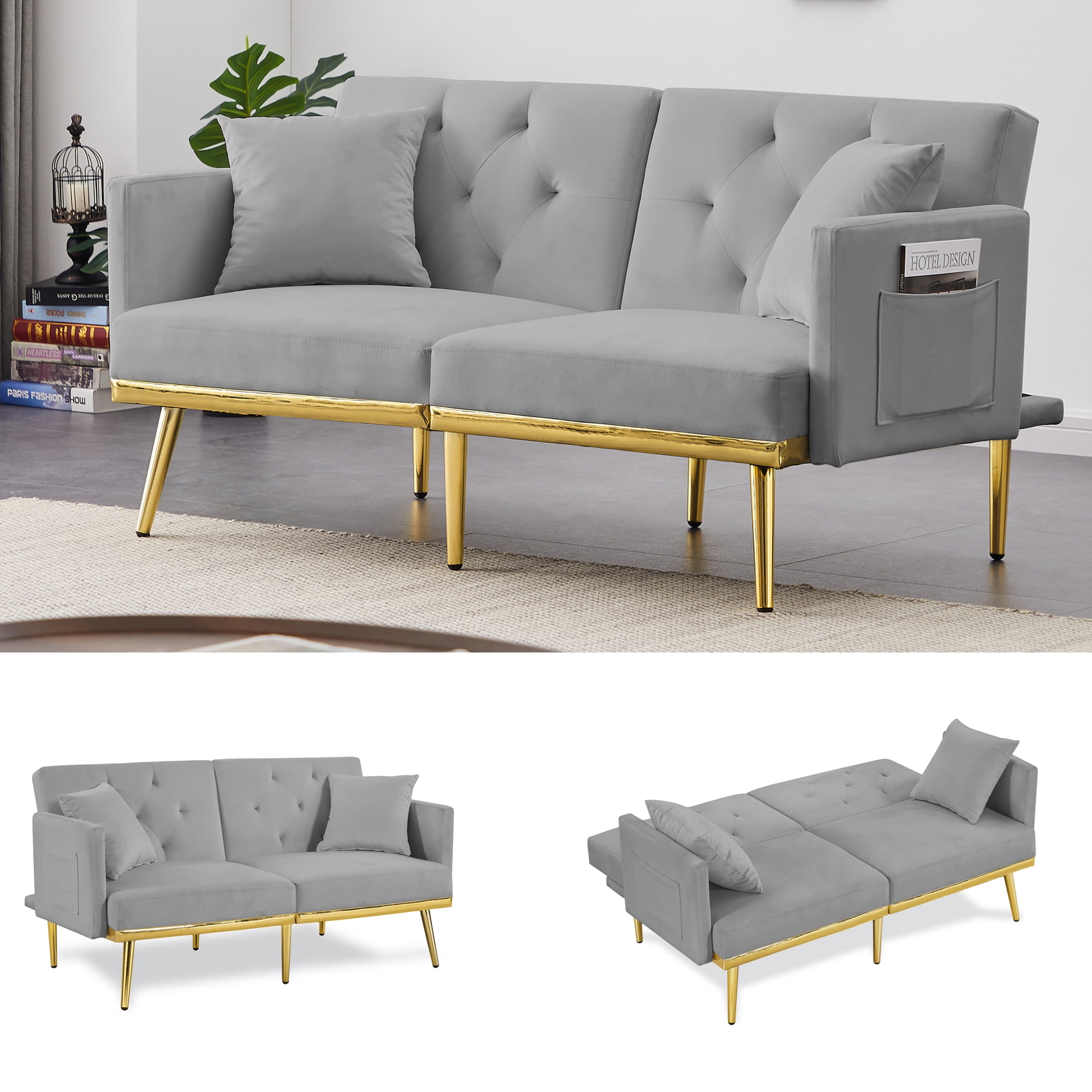 Ufurpie Velvet Convertible Sofa,3 Angles Adjustable Back Sofa Bed,Couch ...