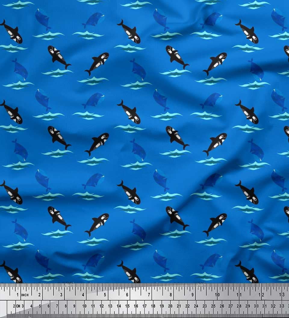 Soimoi Velvet Fabric Waves,Whale & Dolphin Ocean Fabric Prints by Yard ...