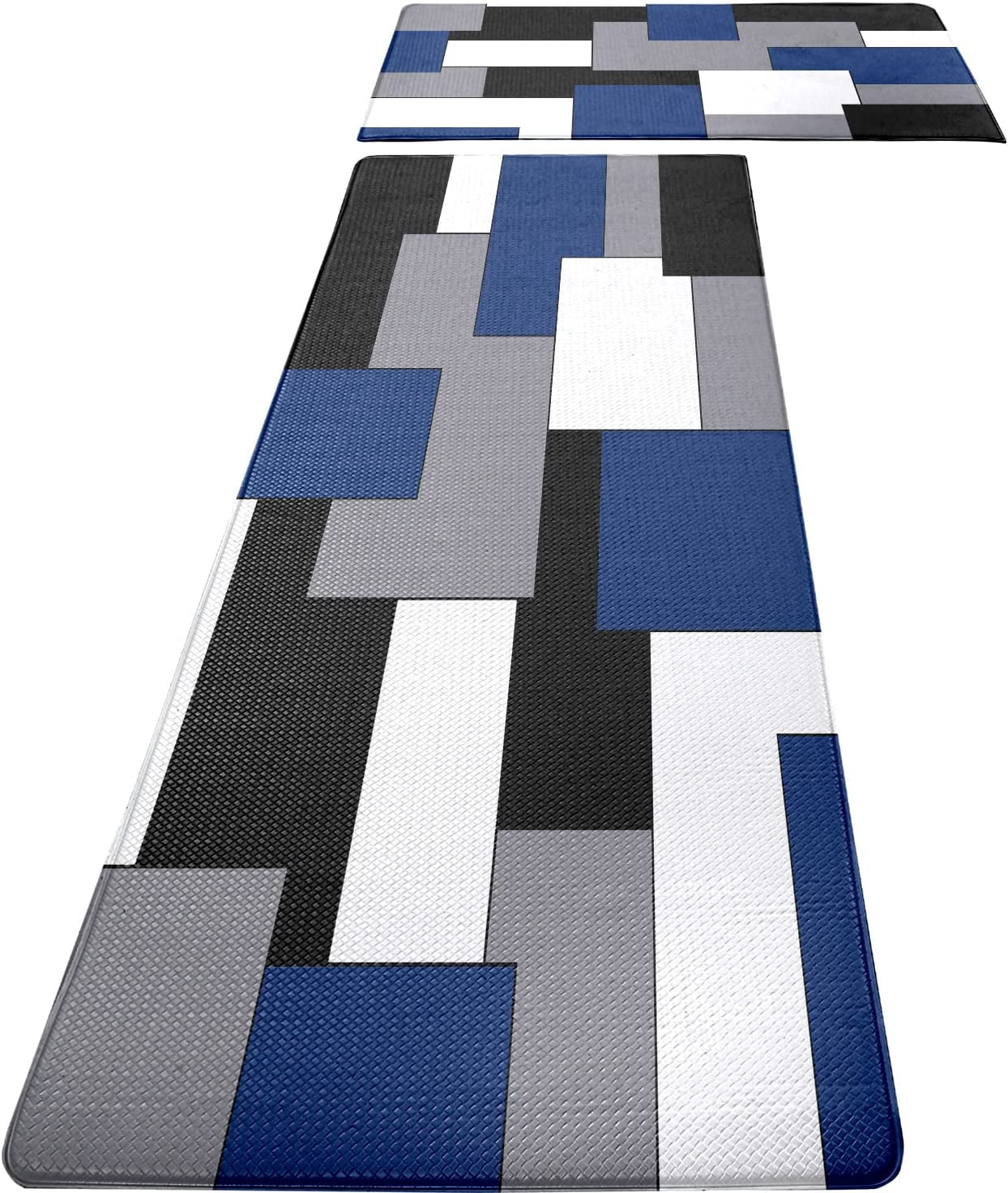Blue Black Grey White Kitchen Rugs and Mats Set of 2 Modern Abstract ...