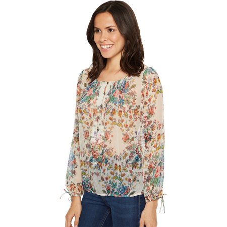 Lucky Brand Women's White Sheer Floral Peasant Top, Natural Multi ...