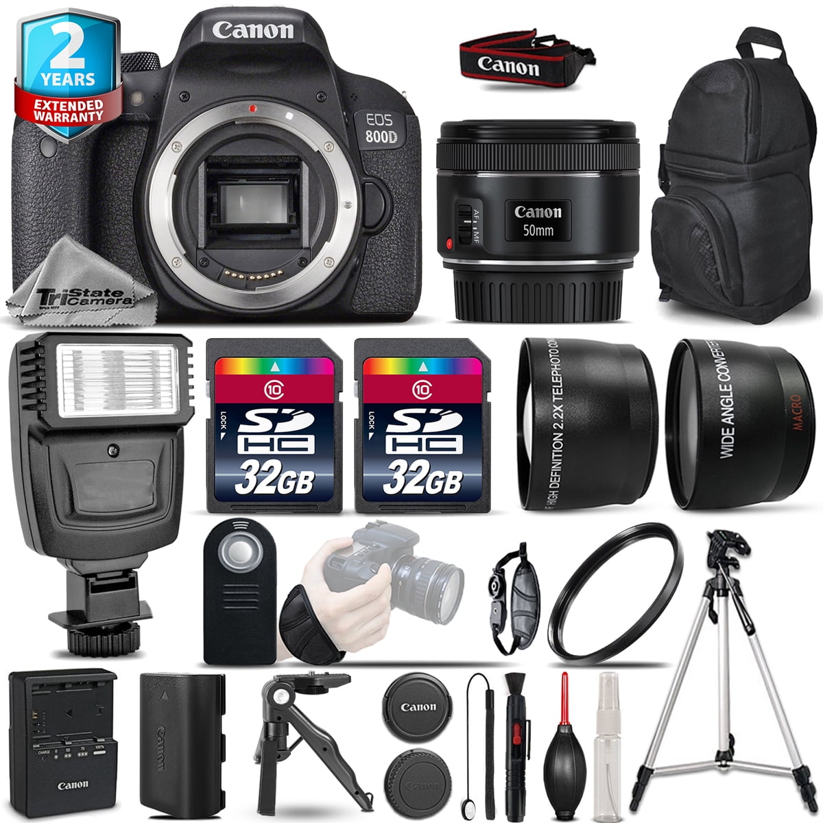 Canon EOS Rebel 800D Camera + 50mm 1.8 - 3 Lens Kit + Flash + 64GB +2yr ...