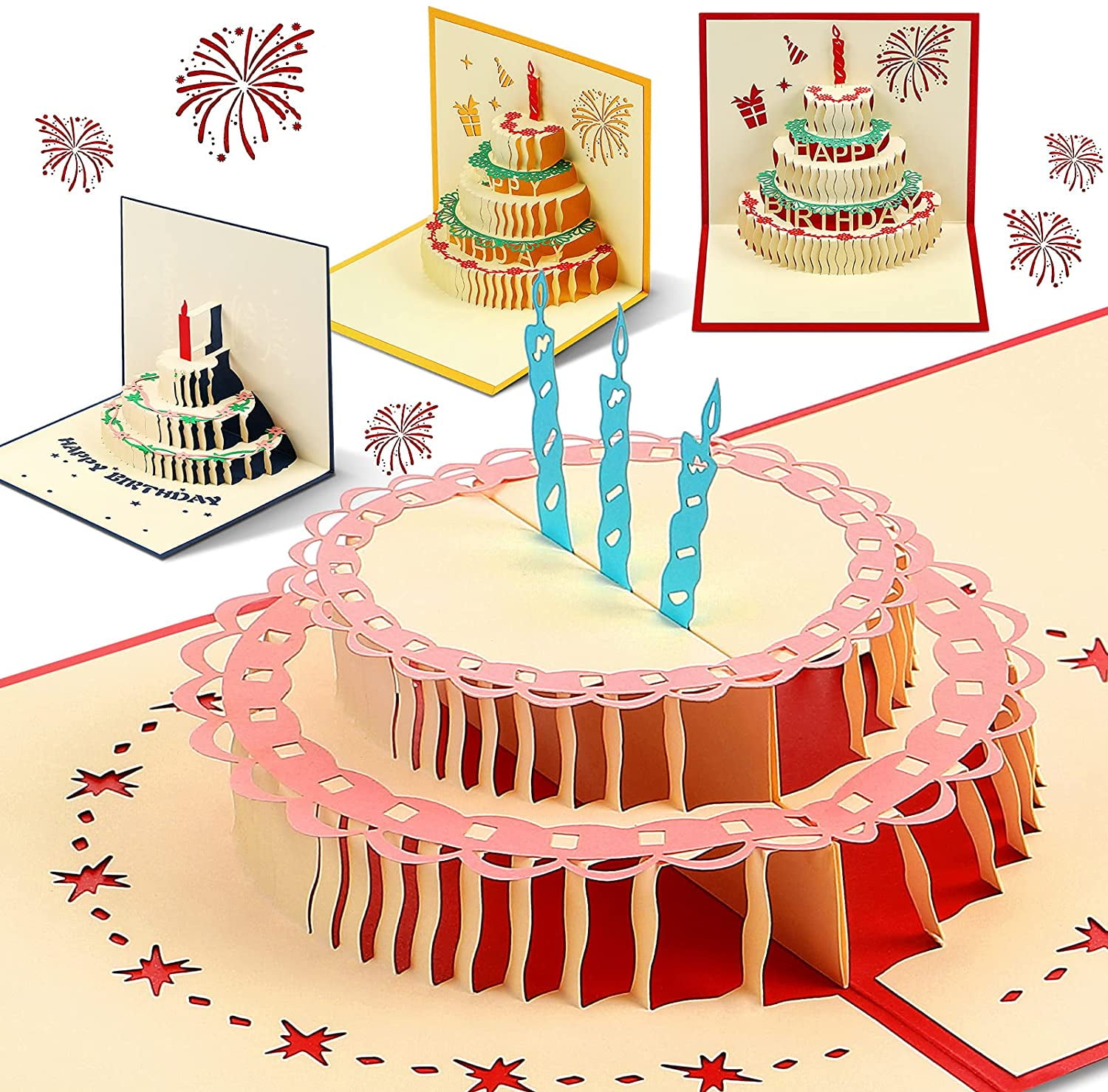 4 Pieces 3D Pop Up Birthday Cake Cards Birthday Greeting Cards Handmade ...