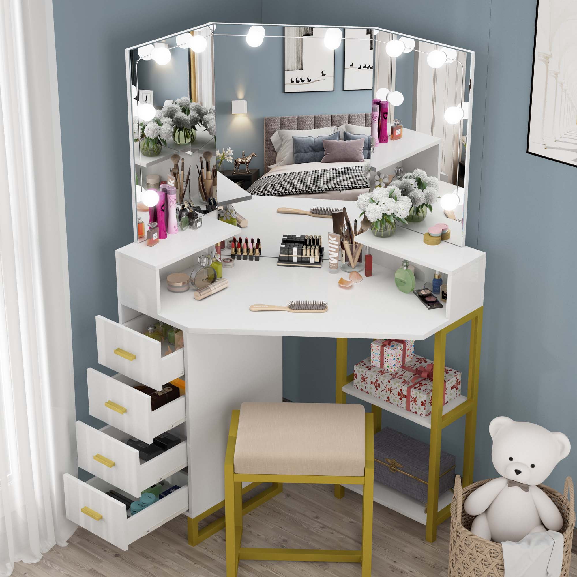 PAKASEPT Corner Vanity Set With Three Fold Mirror 10 Light Bulbs PAKASEPT Corner Vanity Set With Three Fold Mirror 10 Light Bulbs