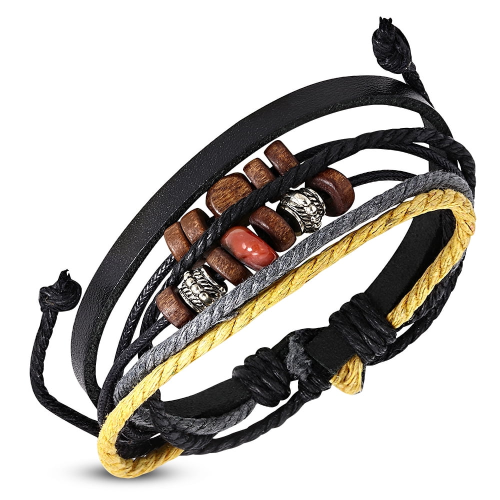 Multi-Wrap Leather Rope Beaded Wristband Adjustable Bracelet, 10 ...