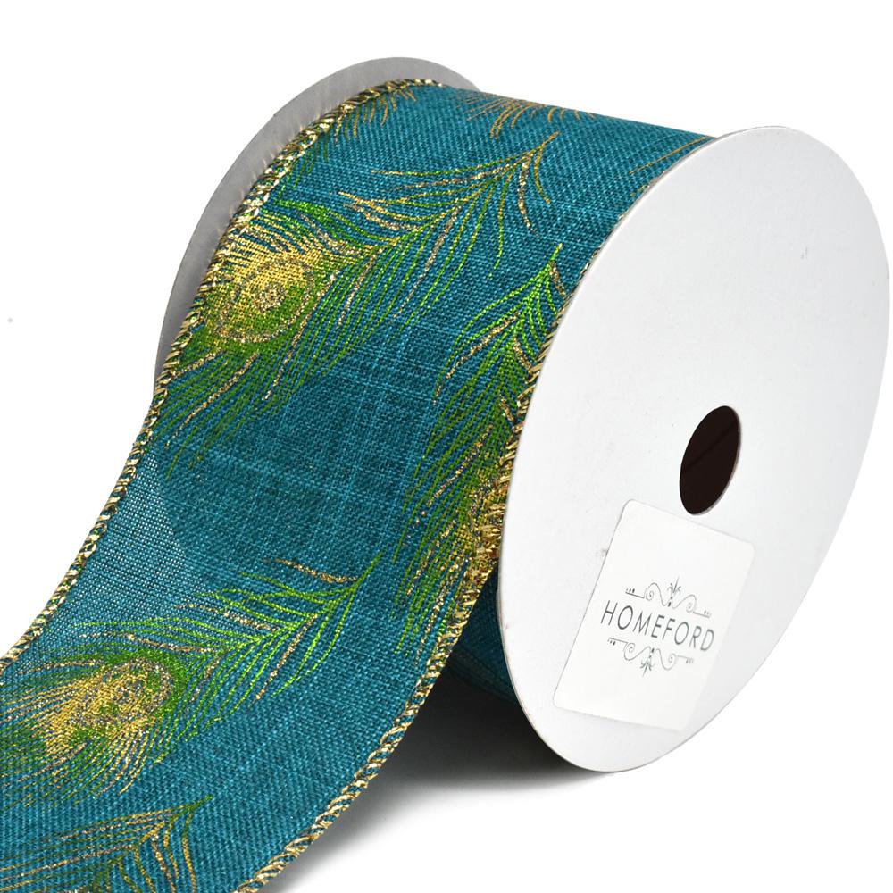 Metallic Peacock Feather Wired Christmas Ribbon, 2-1/2-Inch, 10-Yard ...