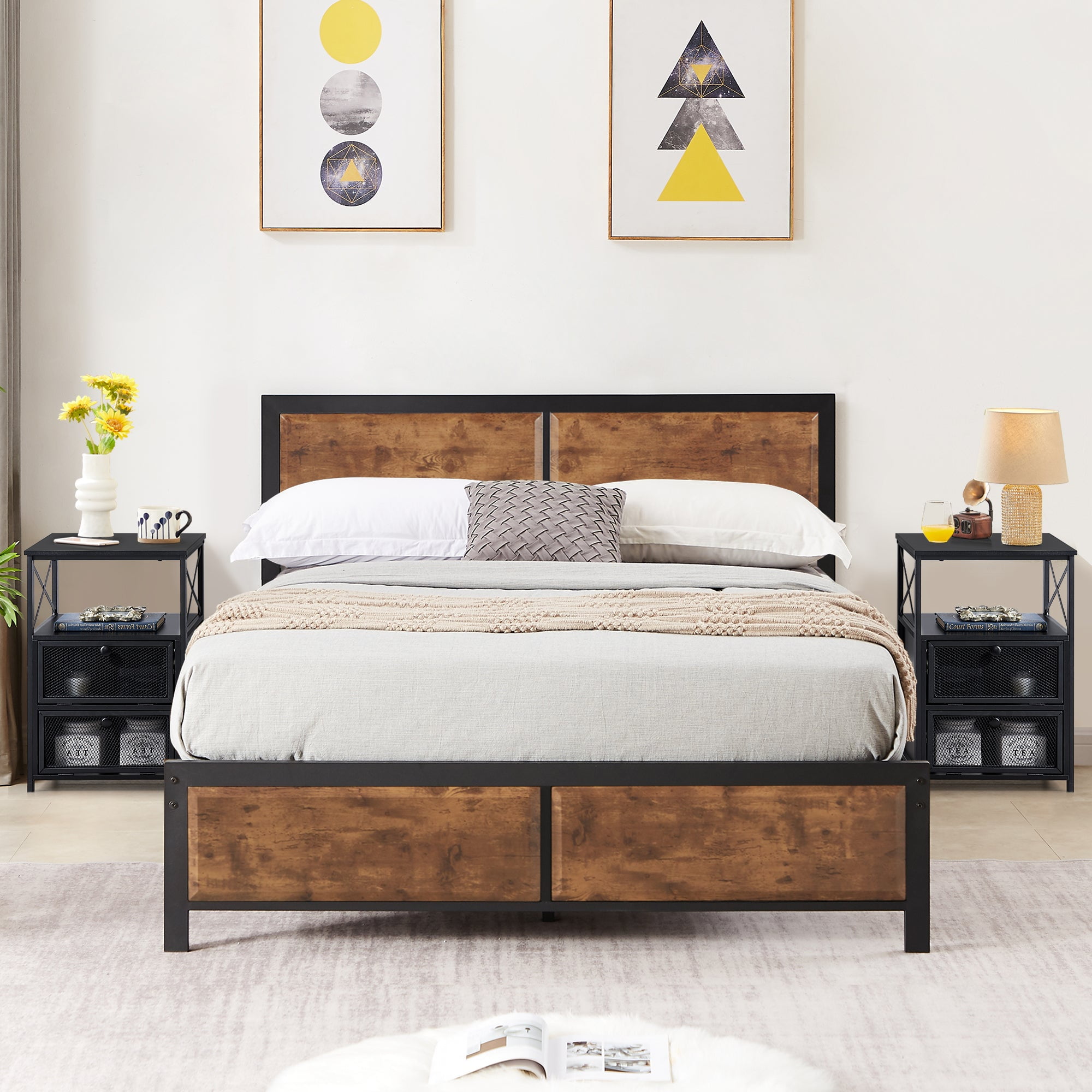 VECELO 3-Piece Full Bedroom Sets with Wooden Headboard Bed Frame and 2 ...