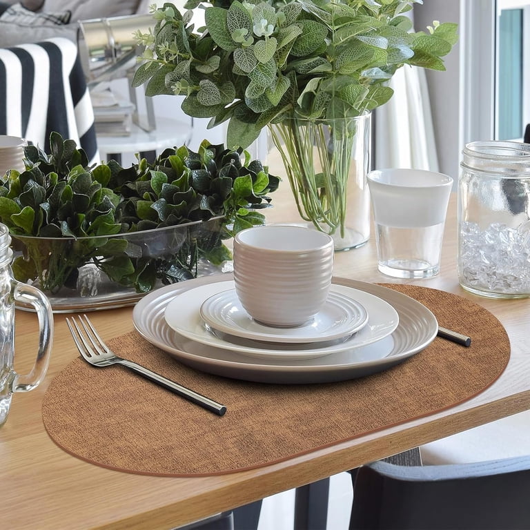 Faux Leather Oval Placemats Set of 8, Brown | Non-Slip & Heat Resistant ...