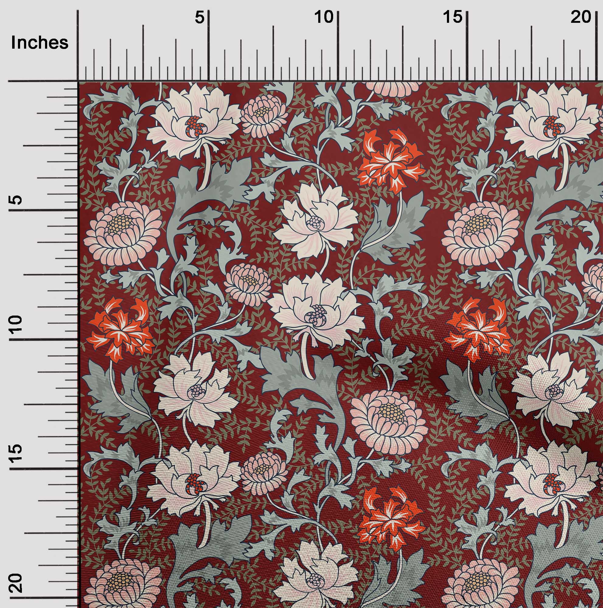 oneOone Viscose Chiffon Dark Red Fabric Leaves & Floral Dress Material ...