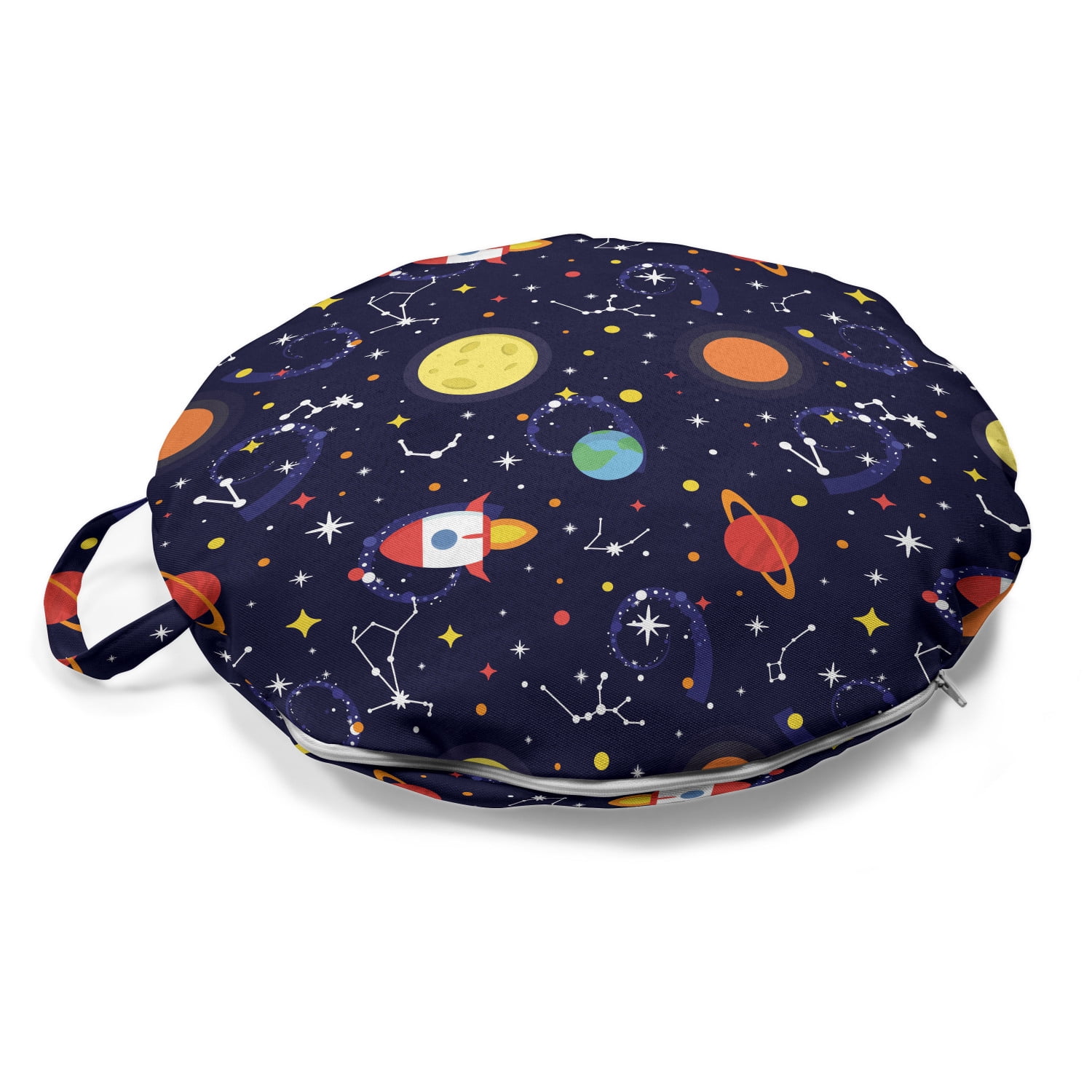 Spaceship Round Floor Cushion with Handle, Cosmic Themed Pattern of ...