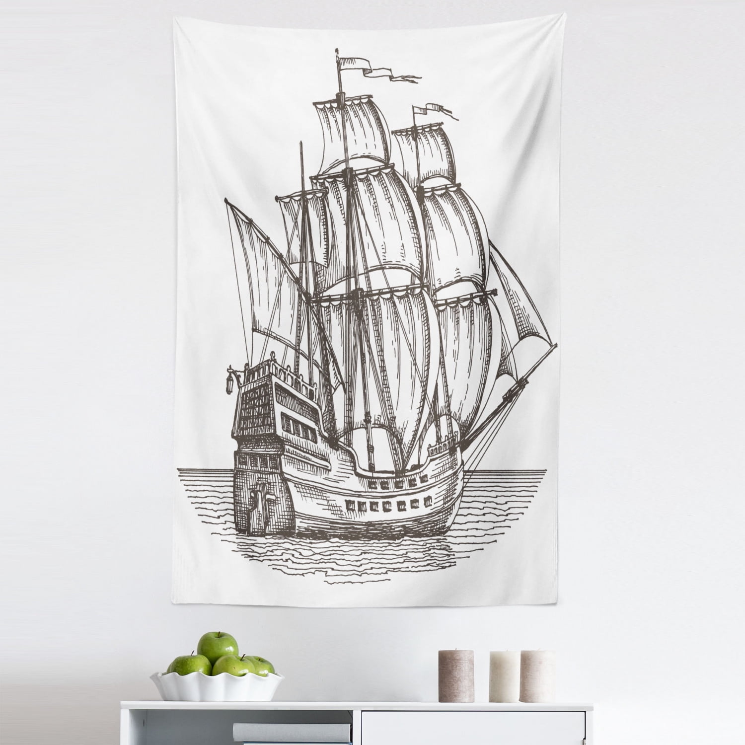 Pirate Ship Tapestry, Old Retro Style Ship Floating on Water Antique ...