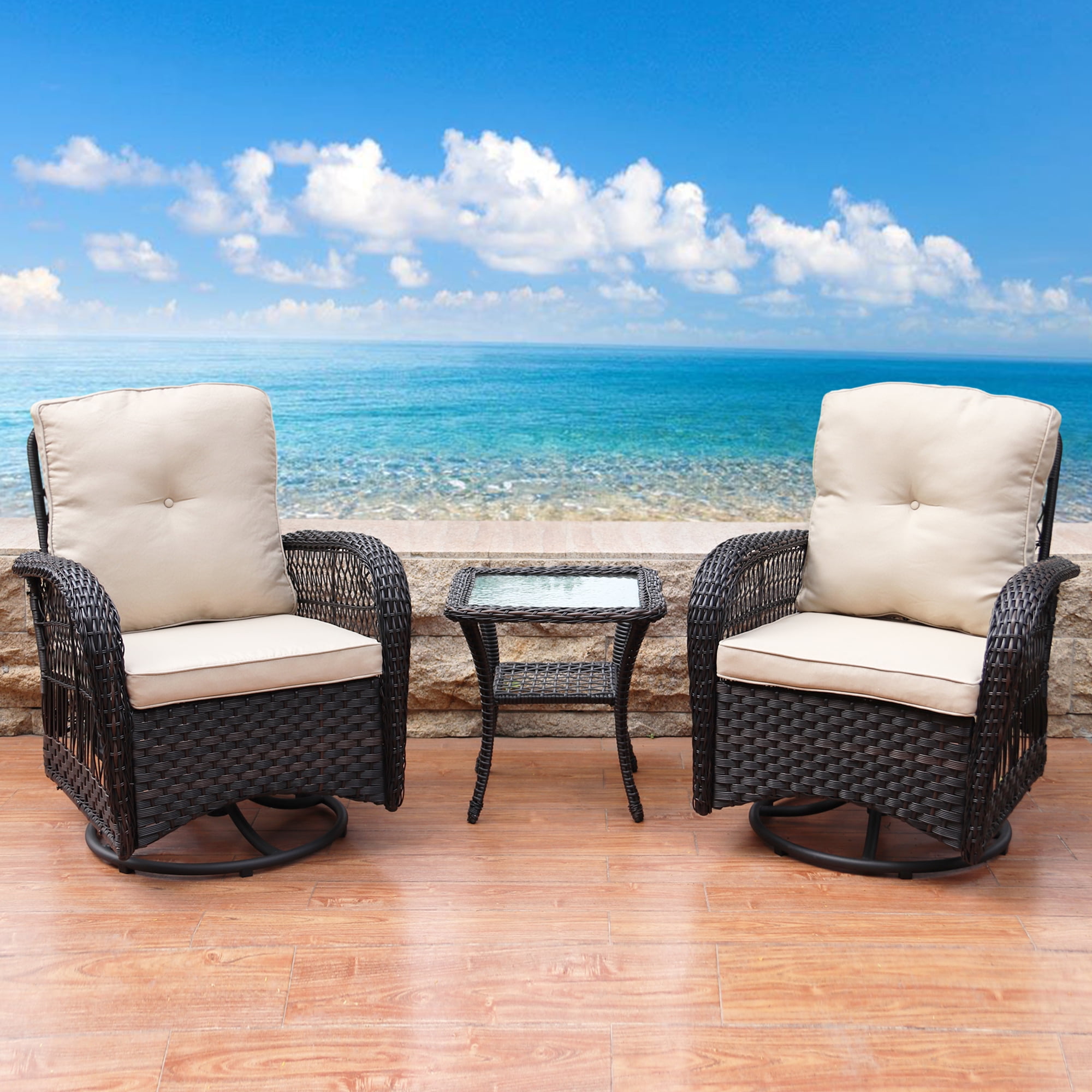Abble Swivel Conversation 3 Piece Rattan Seating Group Set with ...